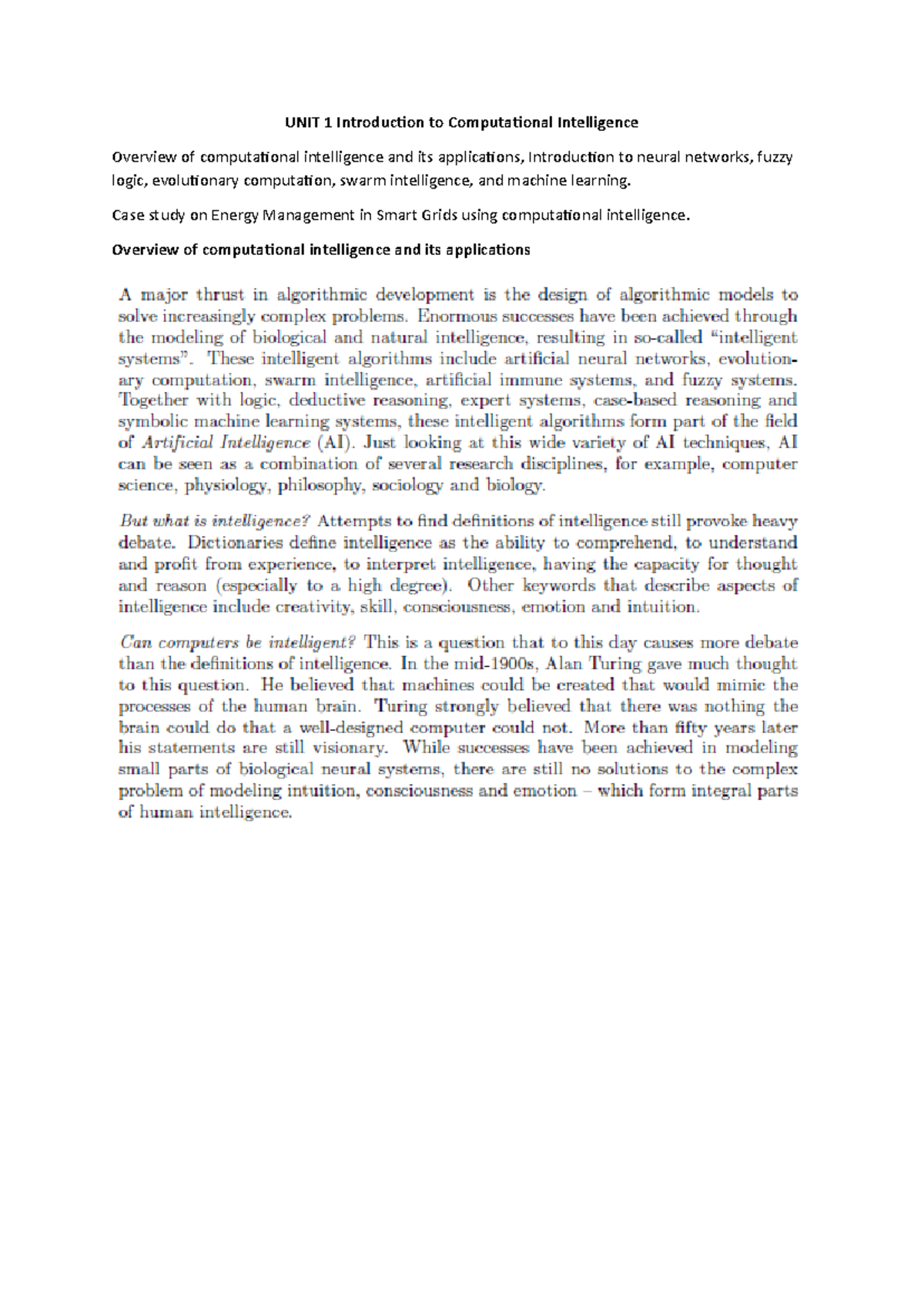 UNIT 1 - Summary Computational Intelligence - UNIT 1 Introduction to Computational Intelligence ...