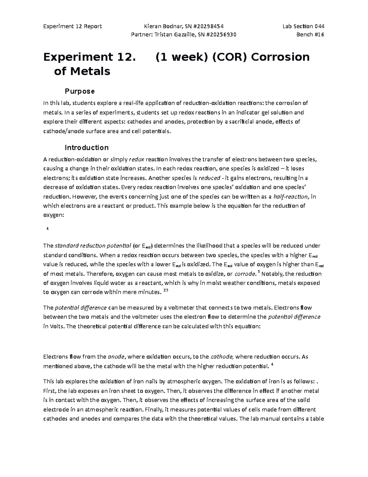 Corrosion of Metals Laboratory Report - Kieran Bodnar (20/20 score ...