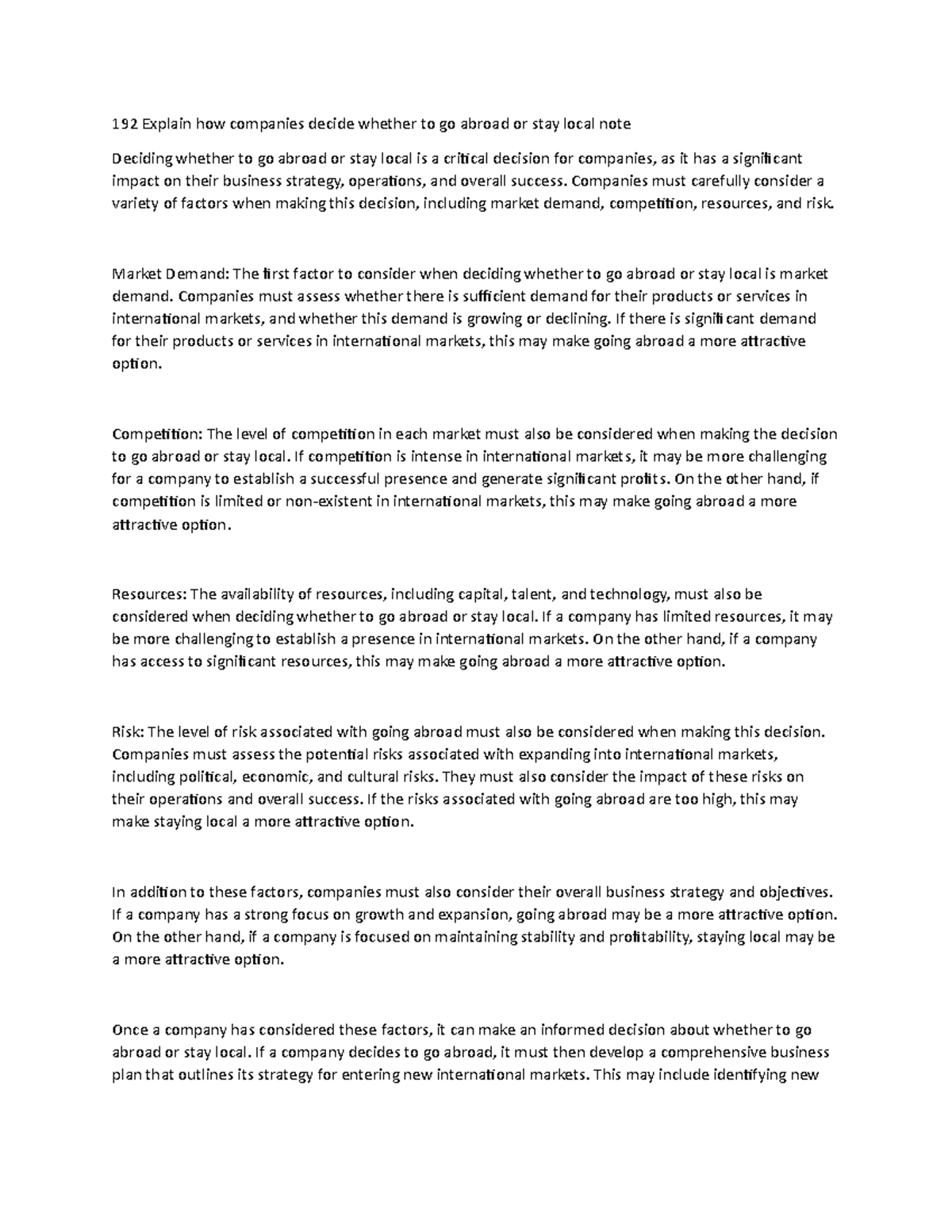 192 Explain how companies decide whether to go abroad or stay local ...