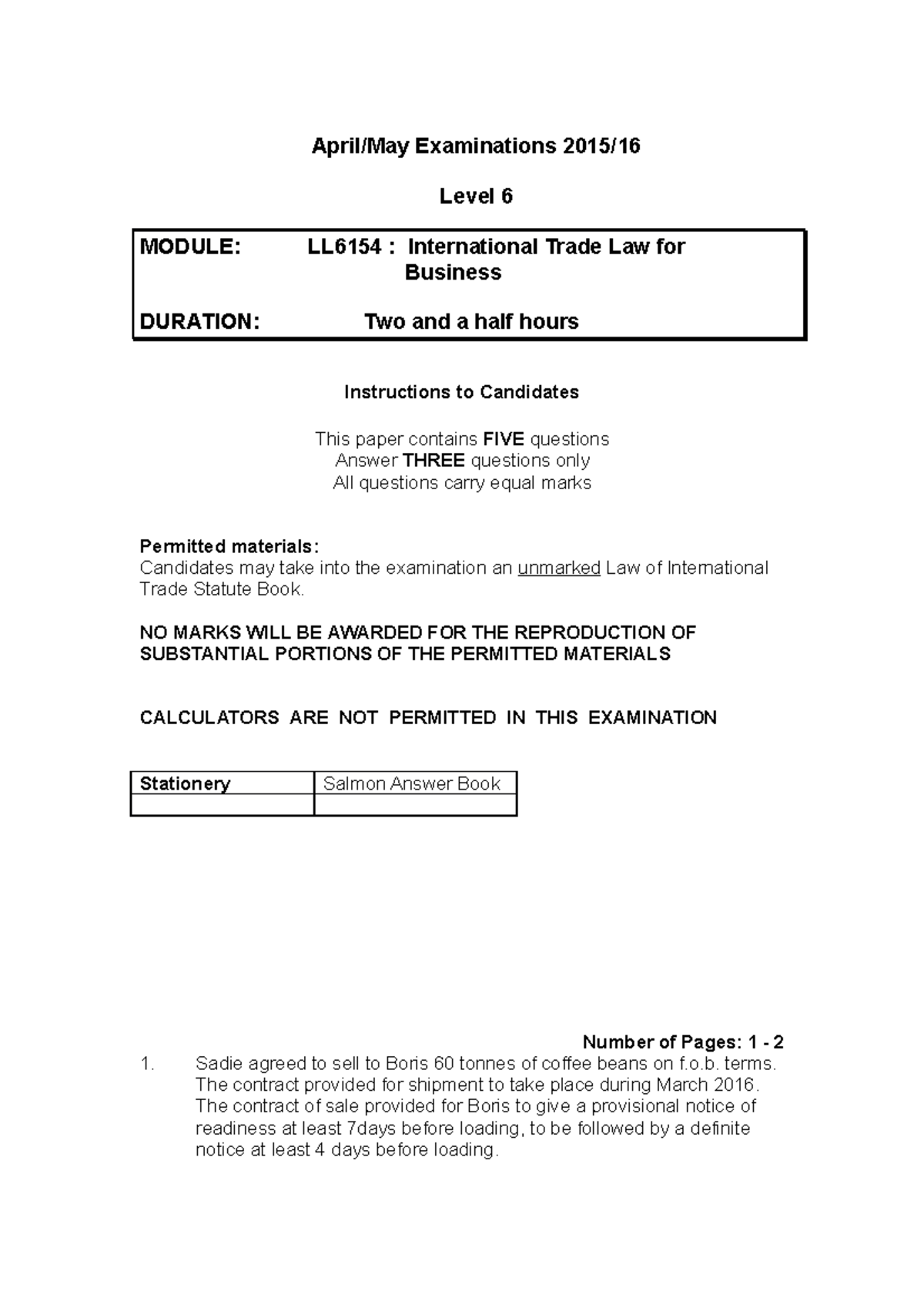 Exam 26 April 2016, questions - April/May Examinations 2015/16 Level 6 ...
