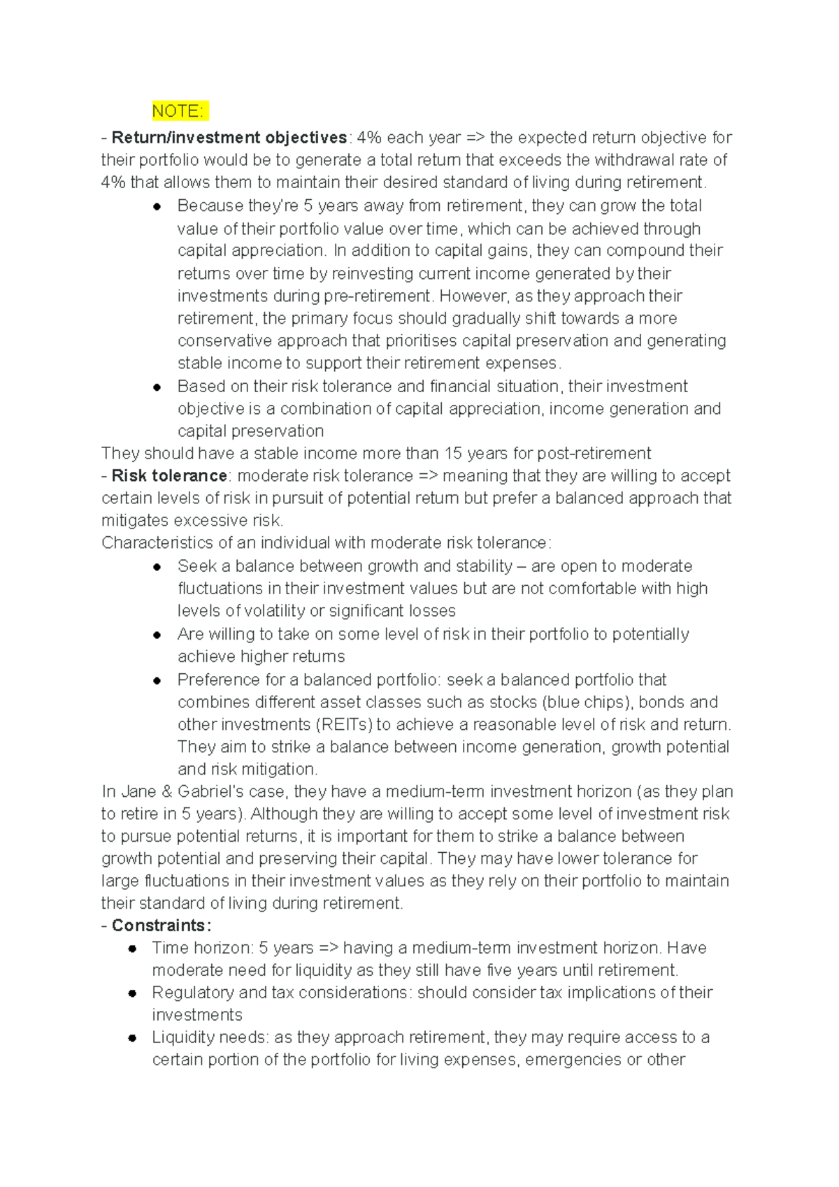 Short-Pitch Investment Analysis - NOTE: Return/investment objectives: 4 ...