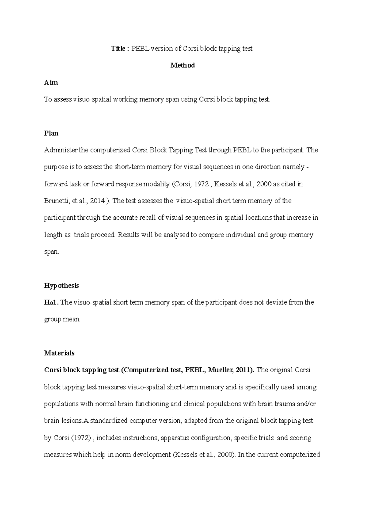 Copy of Corsi Method - Title : PEBL version of Corsi block tapping test ...