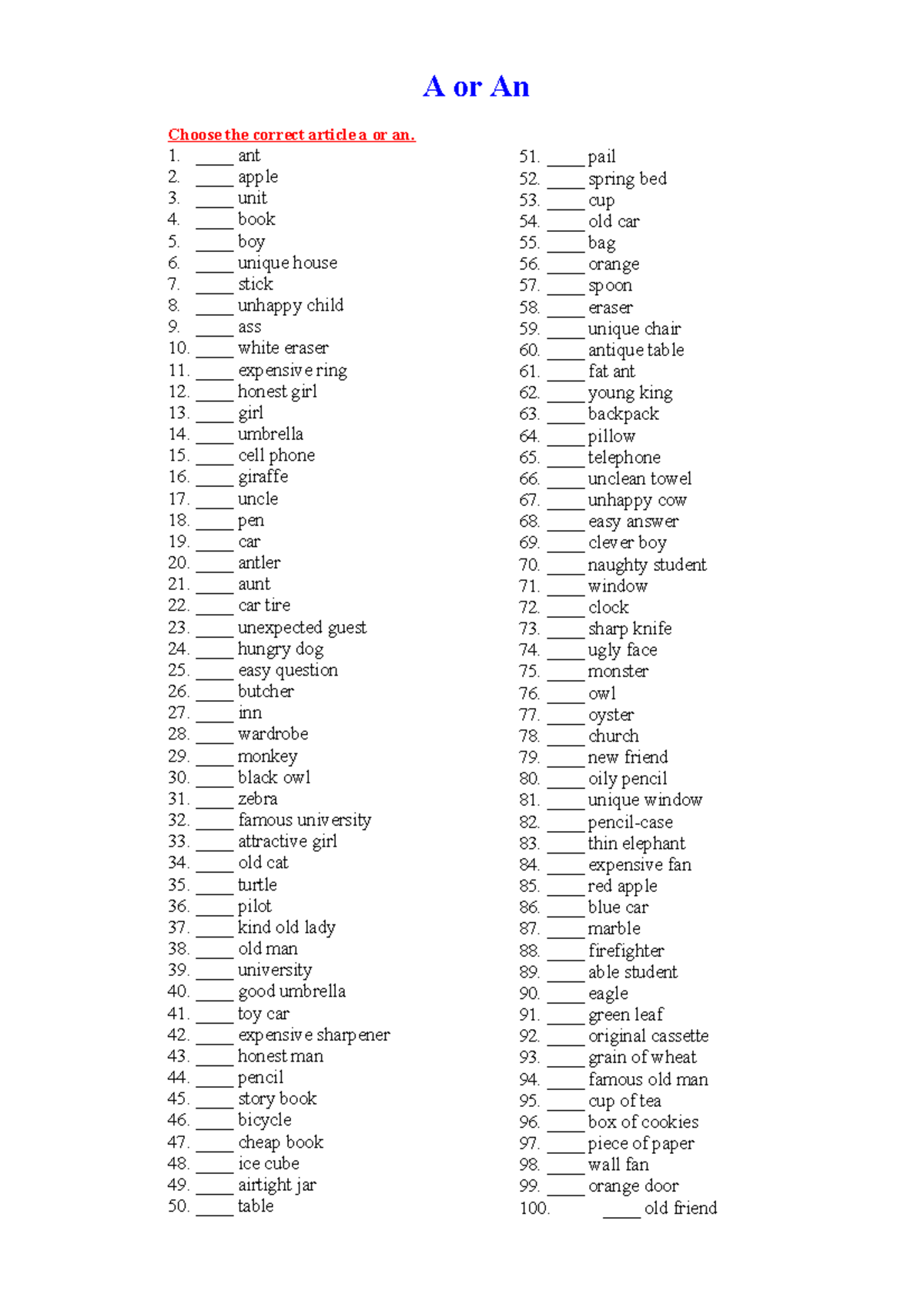 A-or-an-elementary EXERCISES LETS PRACTICE ALL - A or An Choose the ...