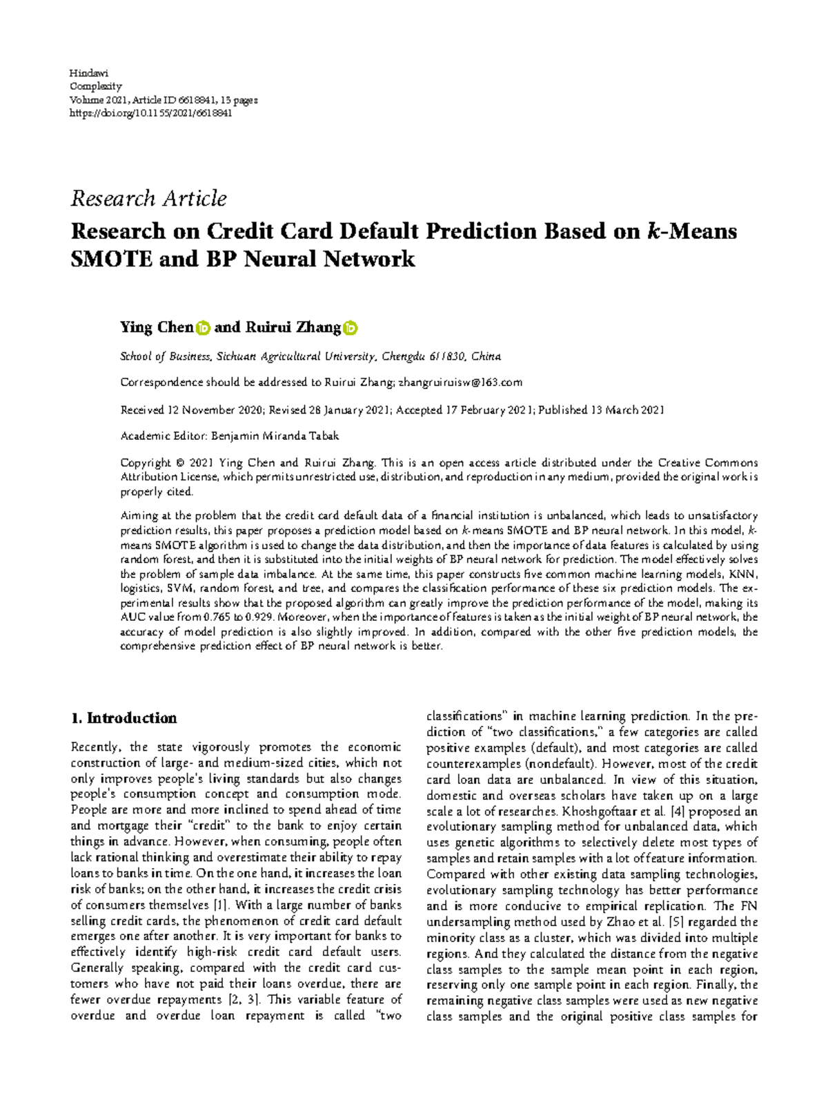 Research on Credit Card Default Prediction Based o - 0is is an open access article distributed ...
