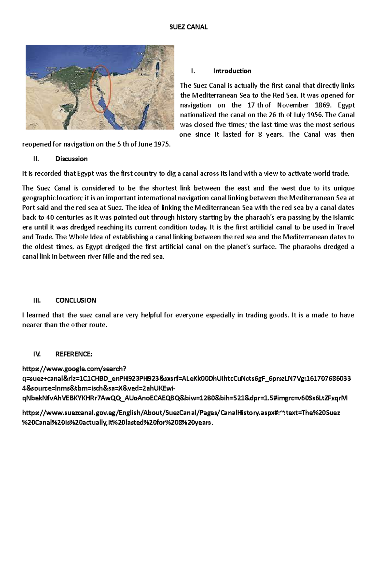 1 - Lecture notes 3 - SUEZ CANAL I. Introduction The Suez Canal is ...