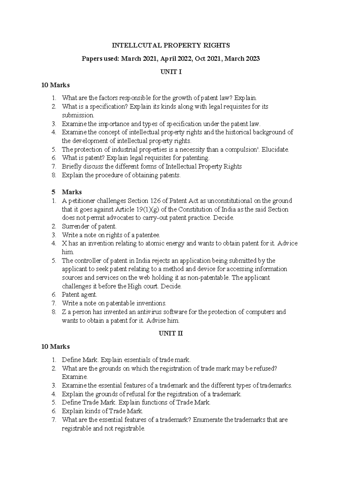IPR previous year question papers - INTELLCUTAL PROPERTY RIGHTS Papers ...