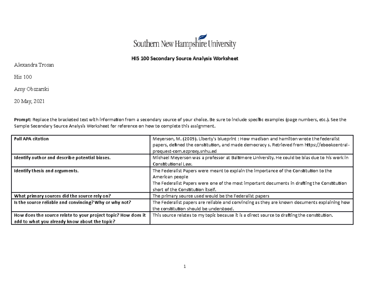 HIS 100 Secondary Source Analysis Worksheet - HIS 100 Secondary Source ...