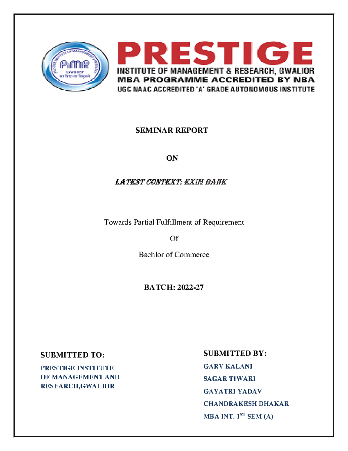 Exim bank seminar report - Towards Partial Fulfillment of Requirement ...