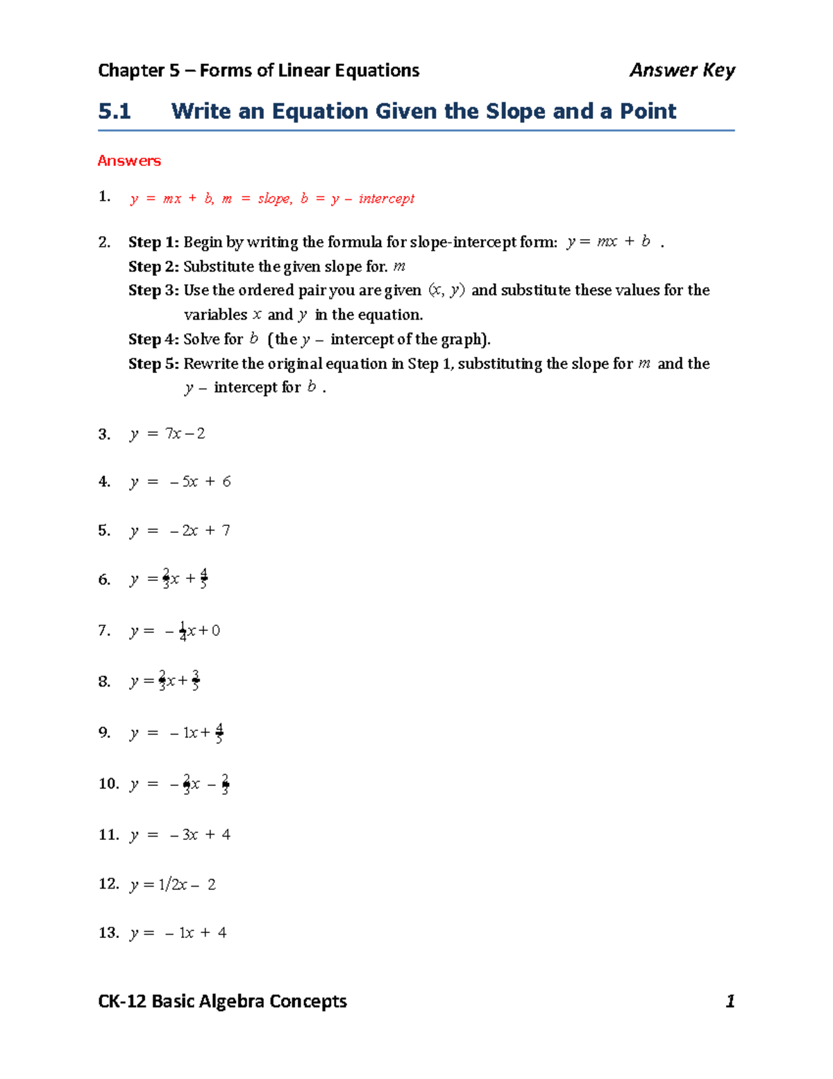 Answer Key CK-12 Chapter 05 Basic Algebra Concepts - 5 Write an Equation Given the Slope and a ...