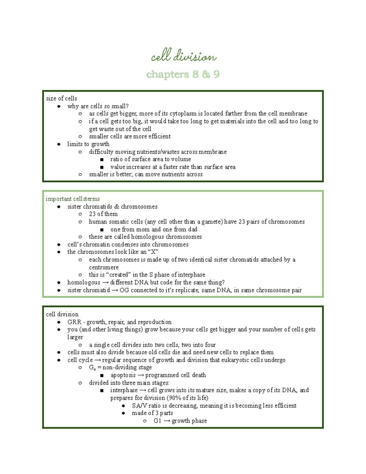 Cell division notes - cell division chapters 8 & 9 size of cells why ...