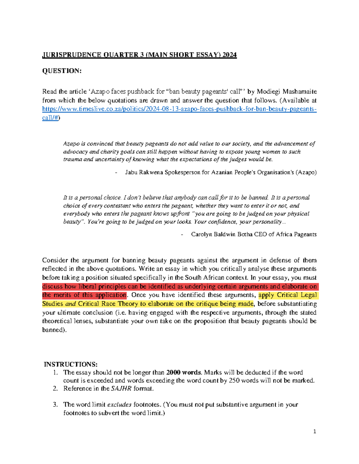 Q3 Short Essay (Main) Final - 1 JURISPRUDENCE QUARTER 3 (MAIN SHORT ...