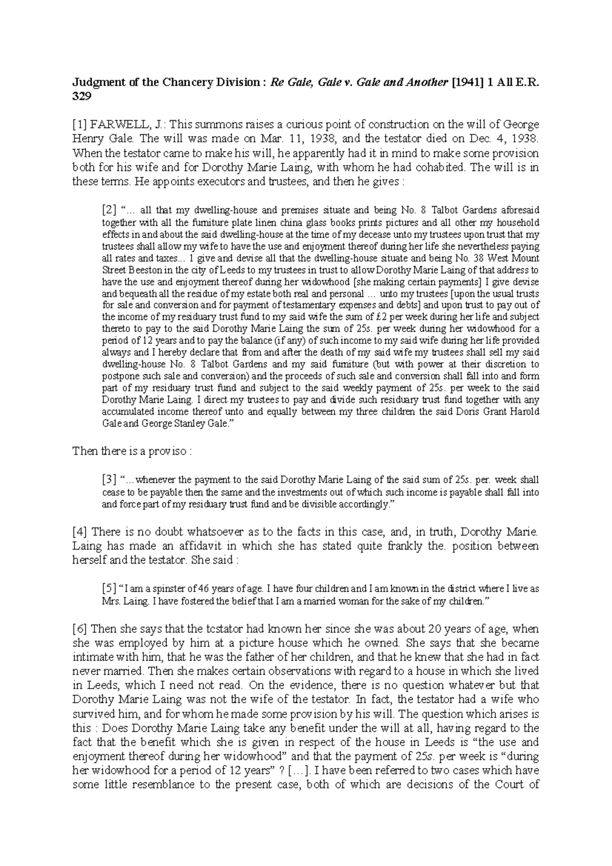 E1) - PowerPoint - Judgment of the Chancery Division : Re Gale, Gale v ...