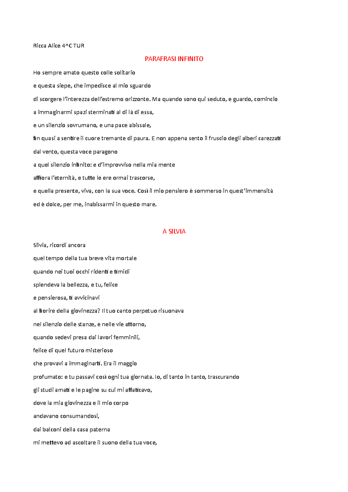 Parafrasi leopardi - Ricca Alice 4^C TUR PARAFRASI INFINITO Ho sempre ...
