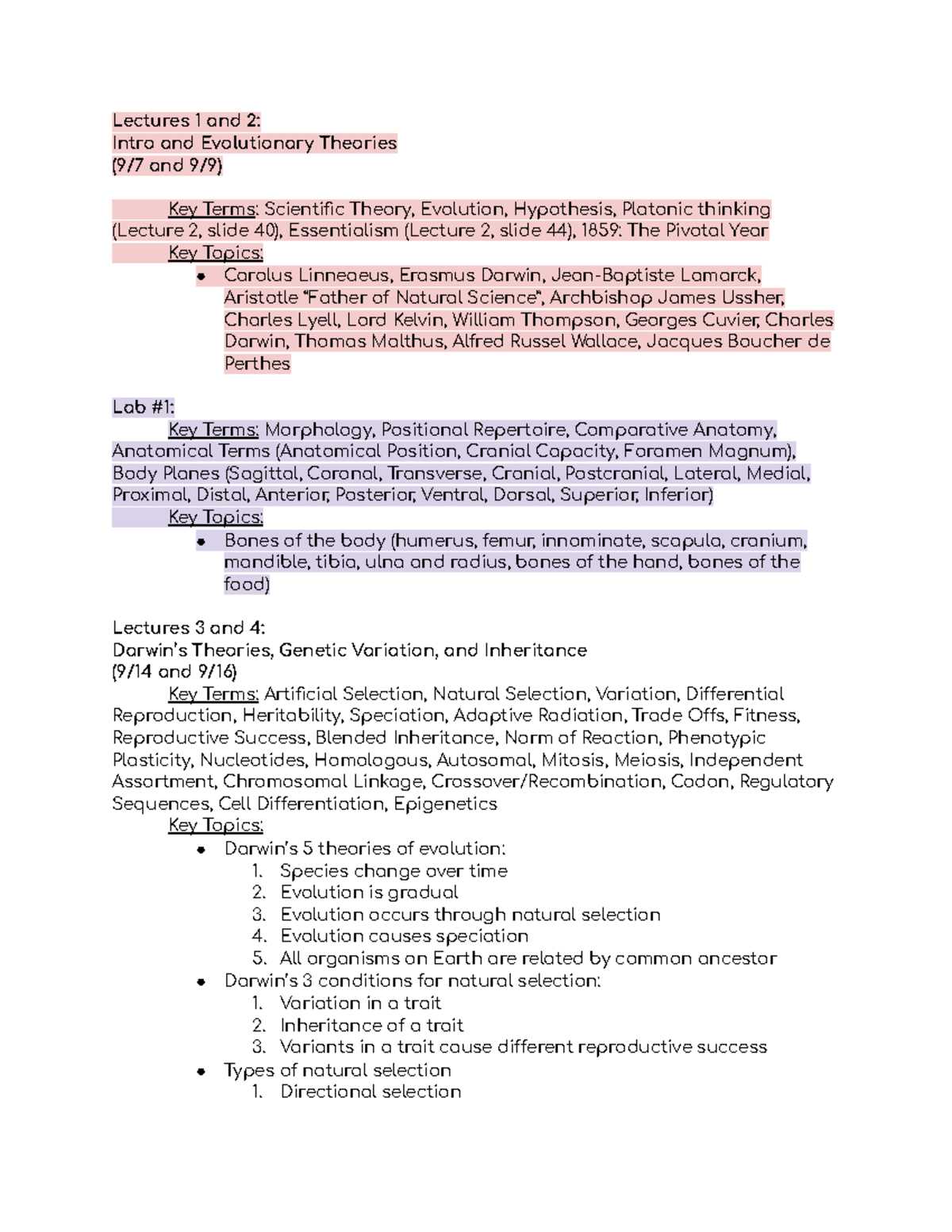 Study Guide 2019 - Lectures 1 and 2: Intro and Evolutionary Theories (9 ...