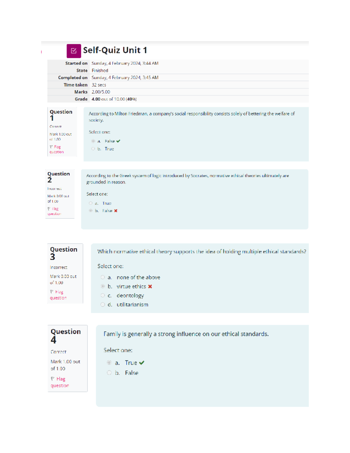 Ethics and social responsibility - self quiz - 1 - PHIL 1404 - Studocu