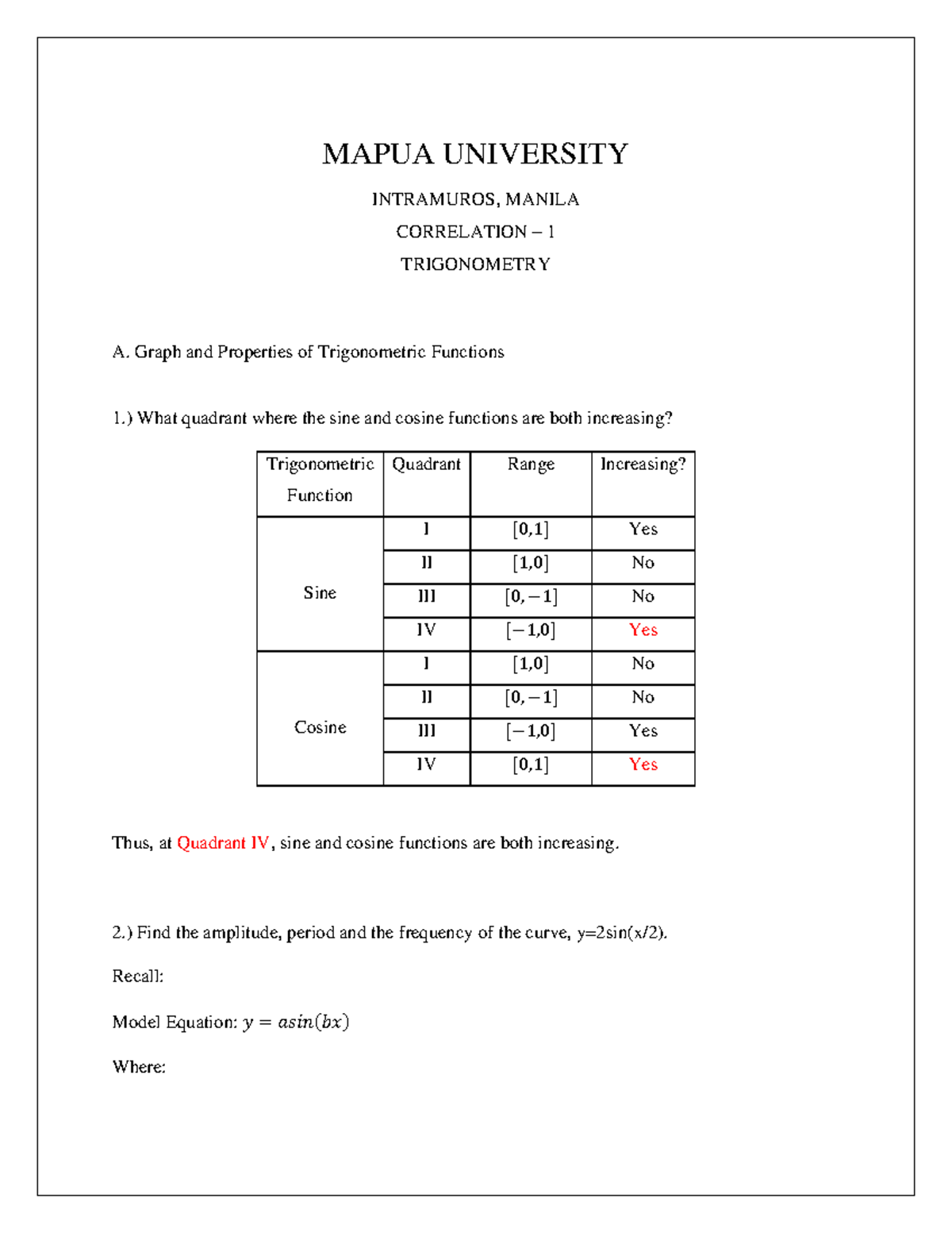 Mapua University - Correlation 1 - Trigonometry - Solutions - MAPUA ...
