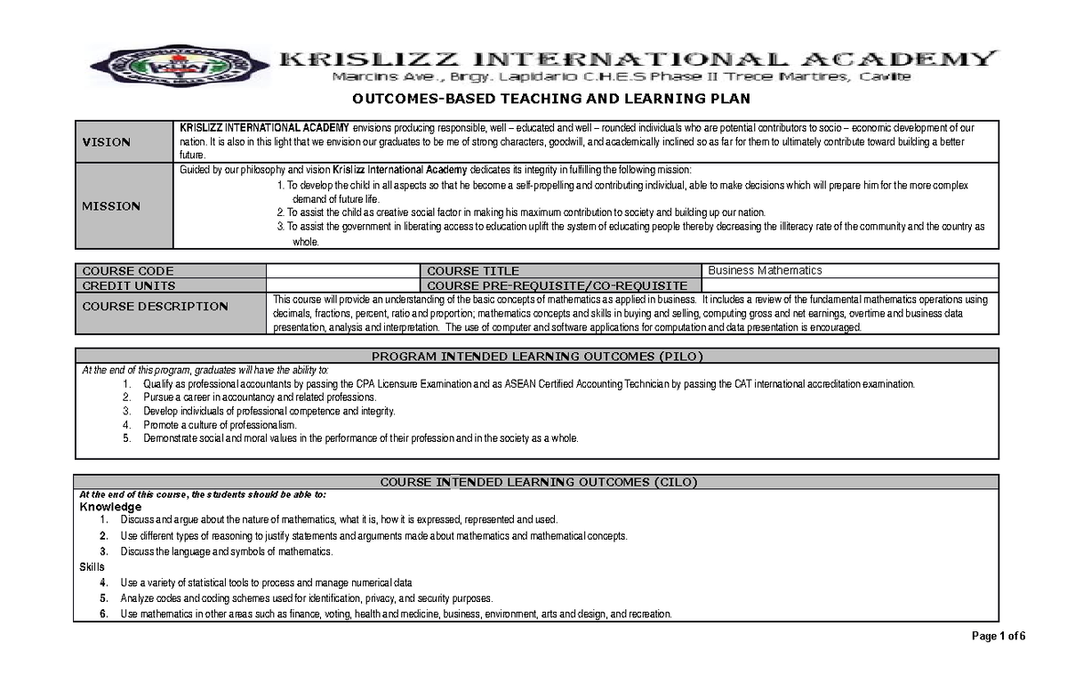 OBTL Plan GE Mathematics in the Modern World BSA docx - OUTCOMES-BASED ...