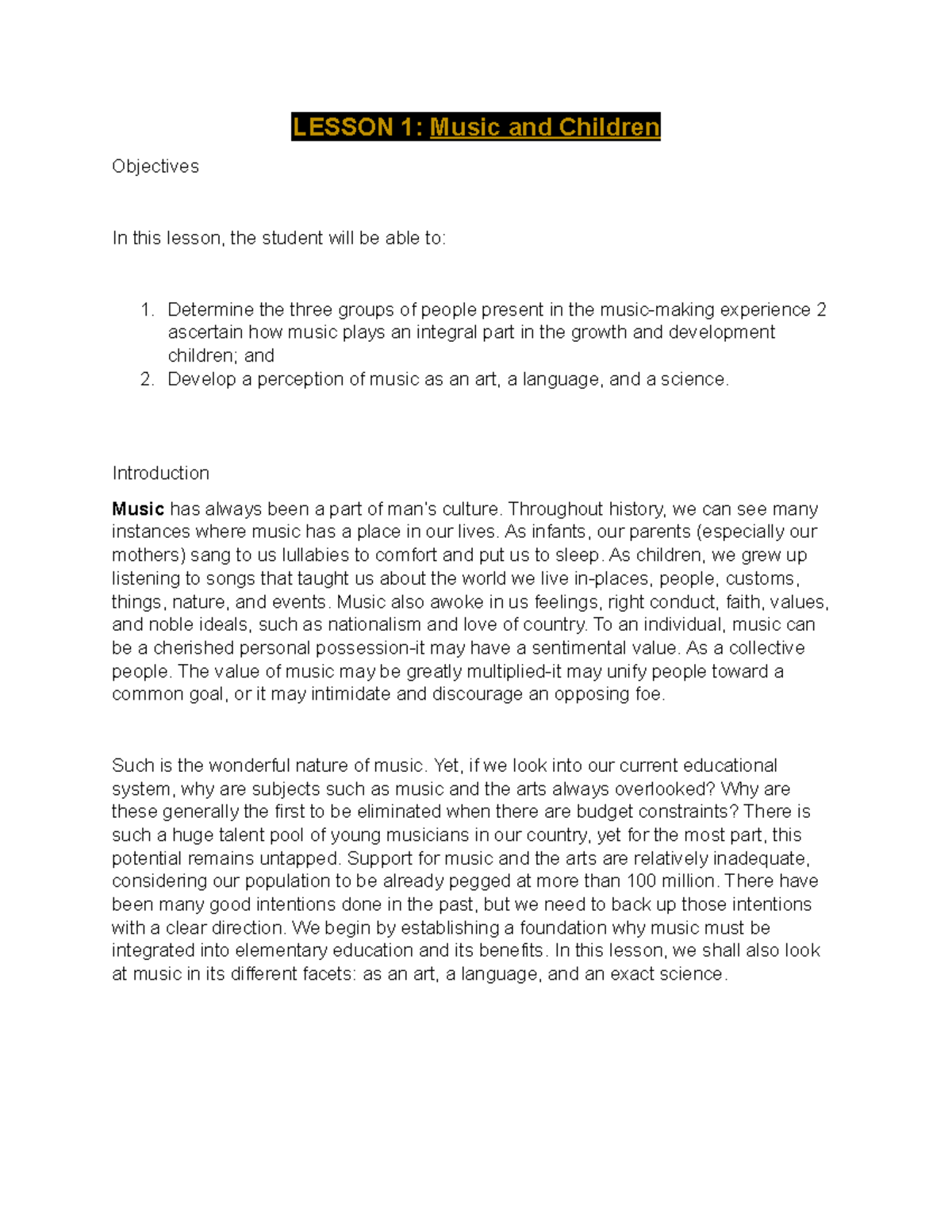 L1 Music and Children - LESSON 1: Music and Children Objectives In this ...