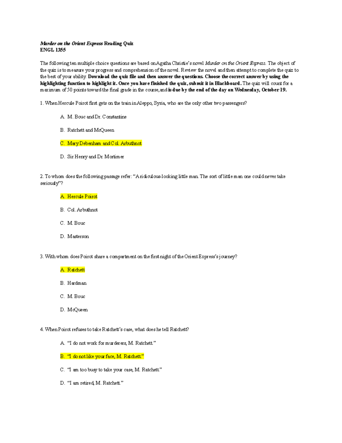 Murder on the Orient Express Reading Quiz-2 - The object of the quiz is ...