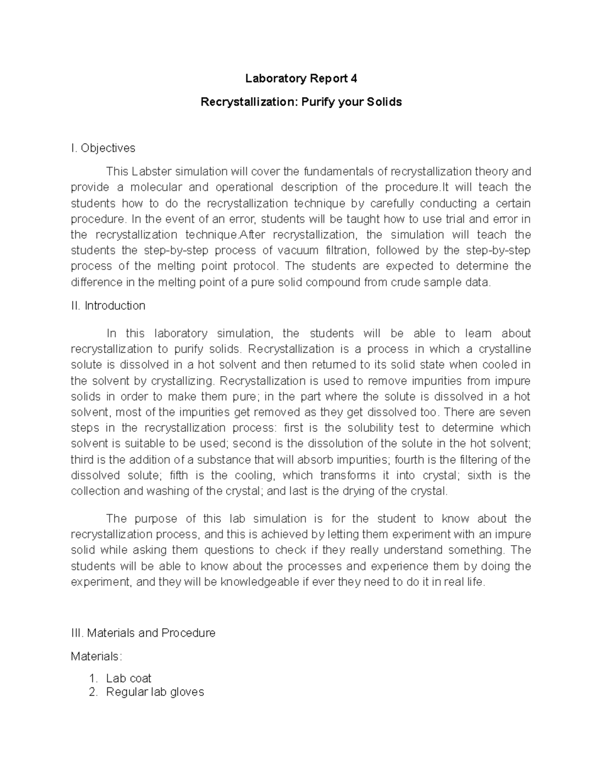 Laboratory Report 4 - none - Laboratory Report 4 Recrystallization ...