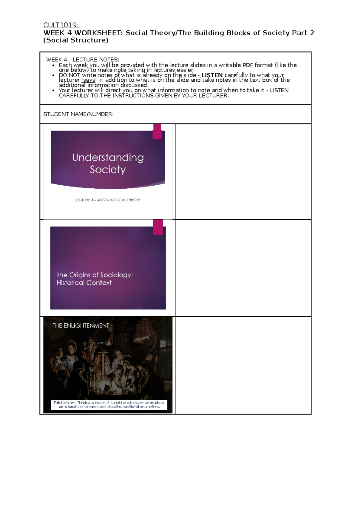 CULT1019 US WEEK 4 Worksheet - Theory Building Blocks 2 Social ...