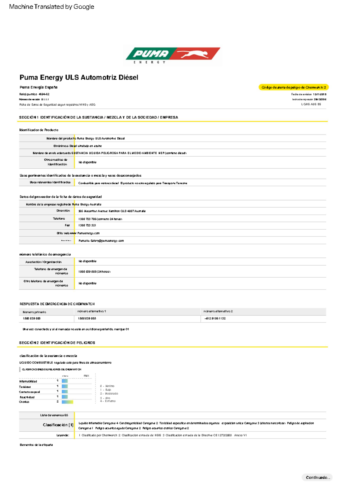 Diesel- Puma - Puma Energy ULS Automotriz Diésel SECCIÓN 2 ...