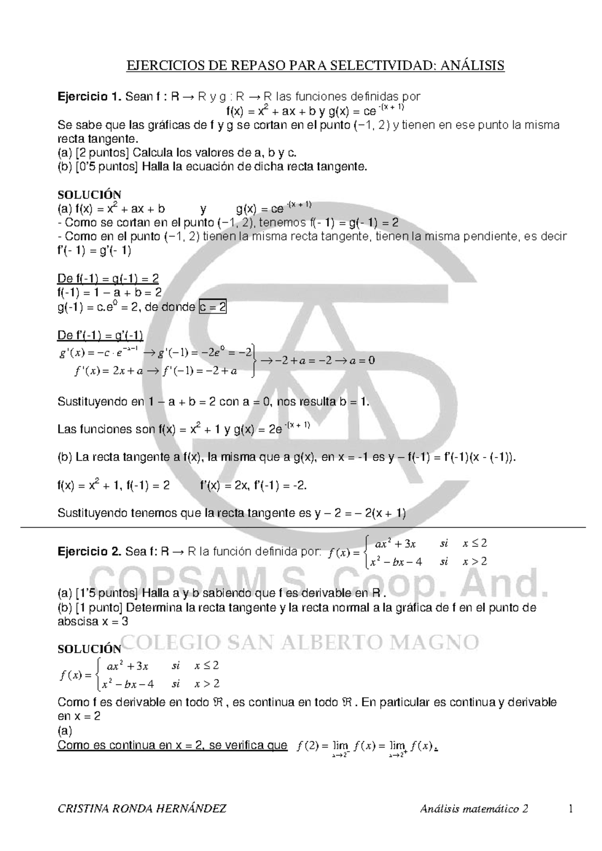 Ejercicios Analisis Matematico Parte II - ####### EJERCICIOS DE REPASO PARA SELECTIVIDAD ...