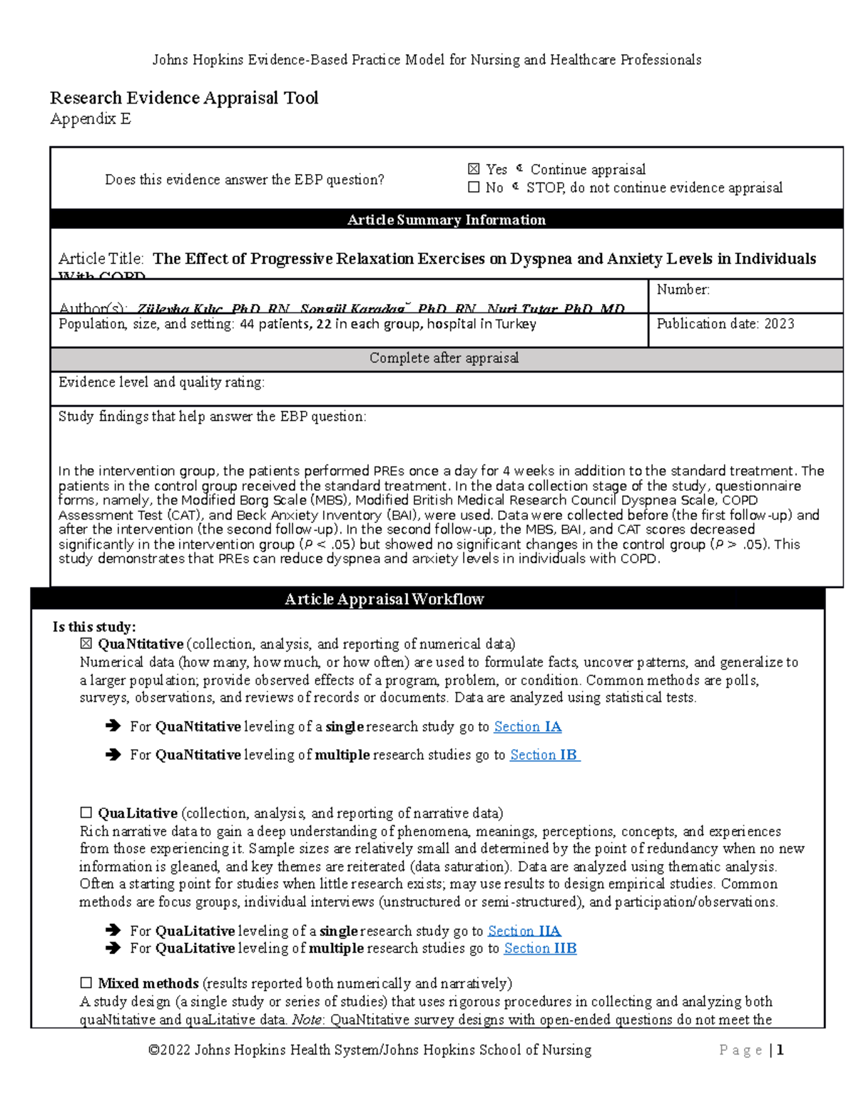 Week 1 - week 1 - Research Evidence Appraisal Tool Appendix E Does this ...