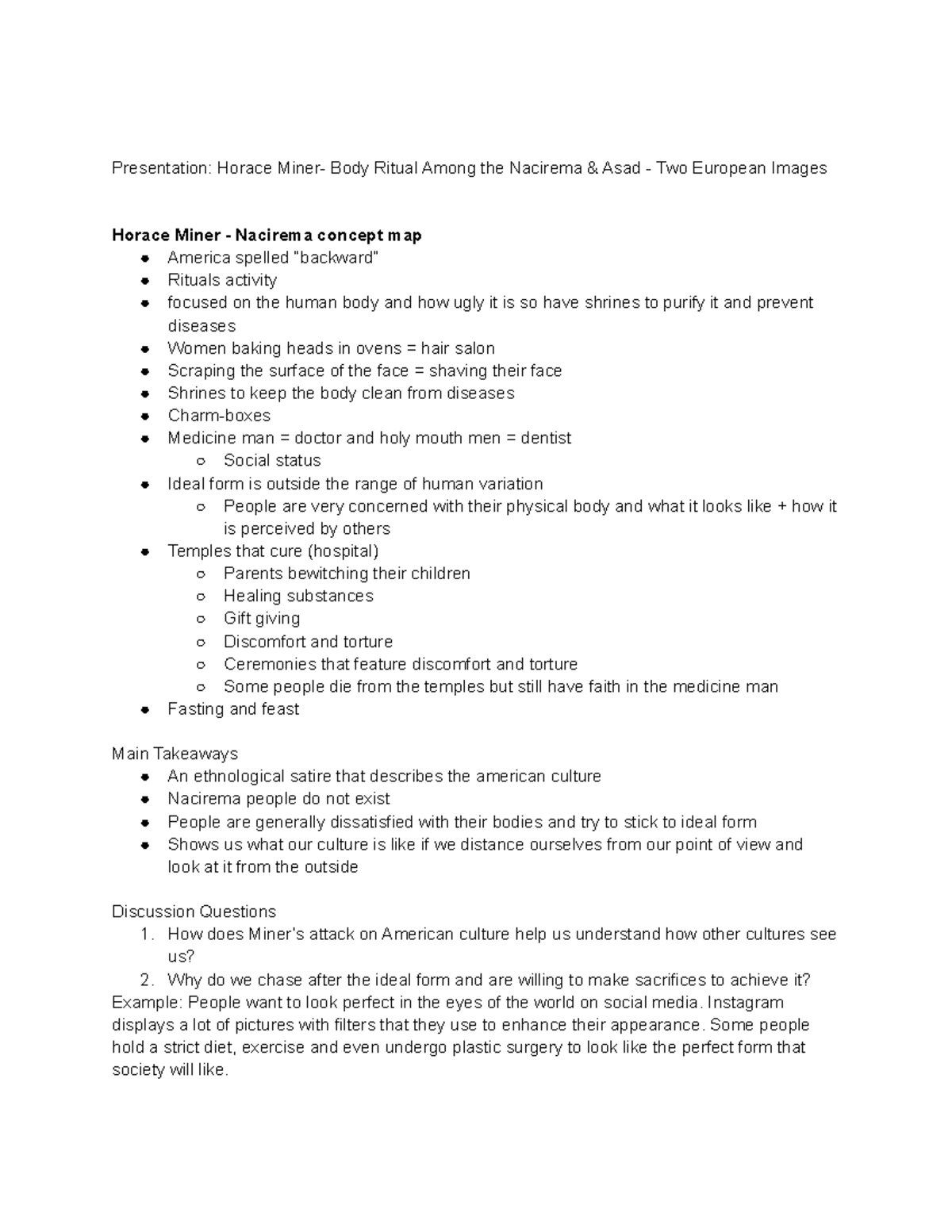 Class notes Horace Miner- Body Ritual Among the Nacirema Asad - Two ...