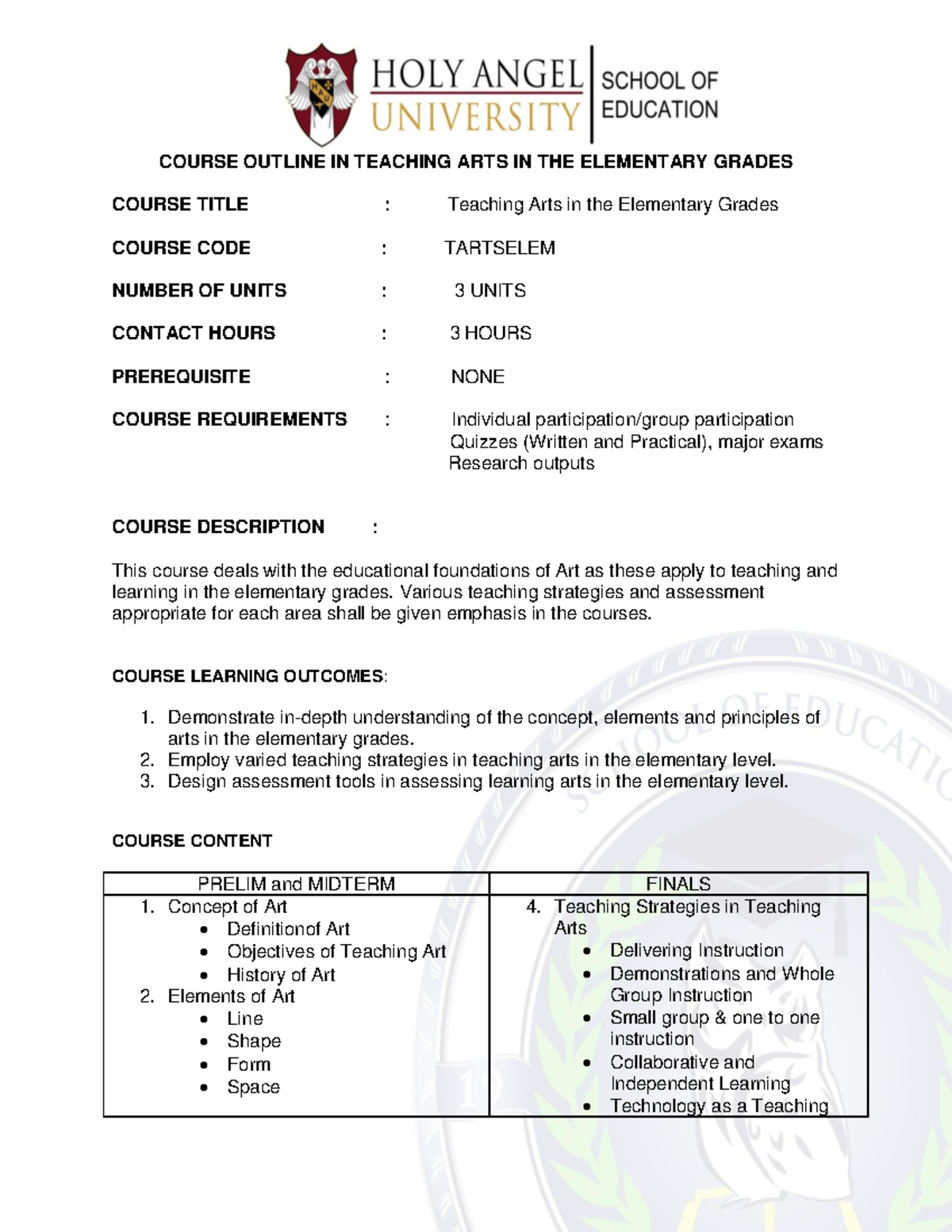 Tartselem SYLLABUS. BACHELOR IN ELEMENTARY EDUCATION SYLLABUS FOR ...