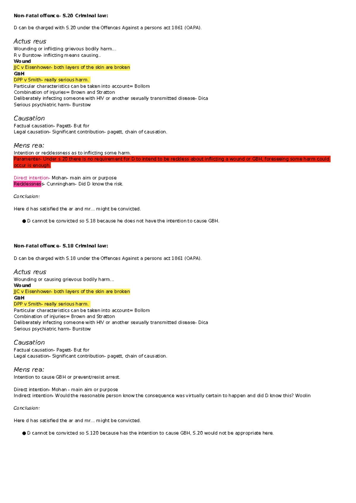 A-level Law, Criminal law. s.18 and S.20 OAPA summary - Non-Fatal ...