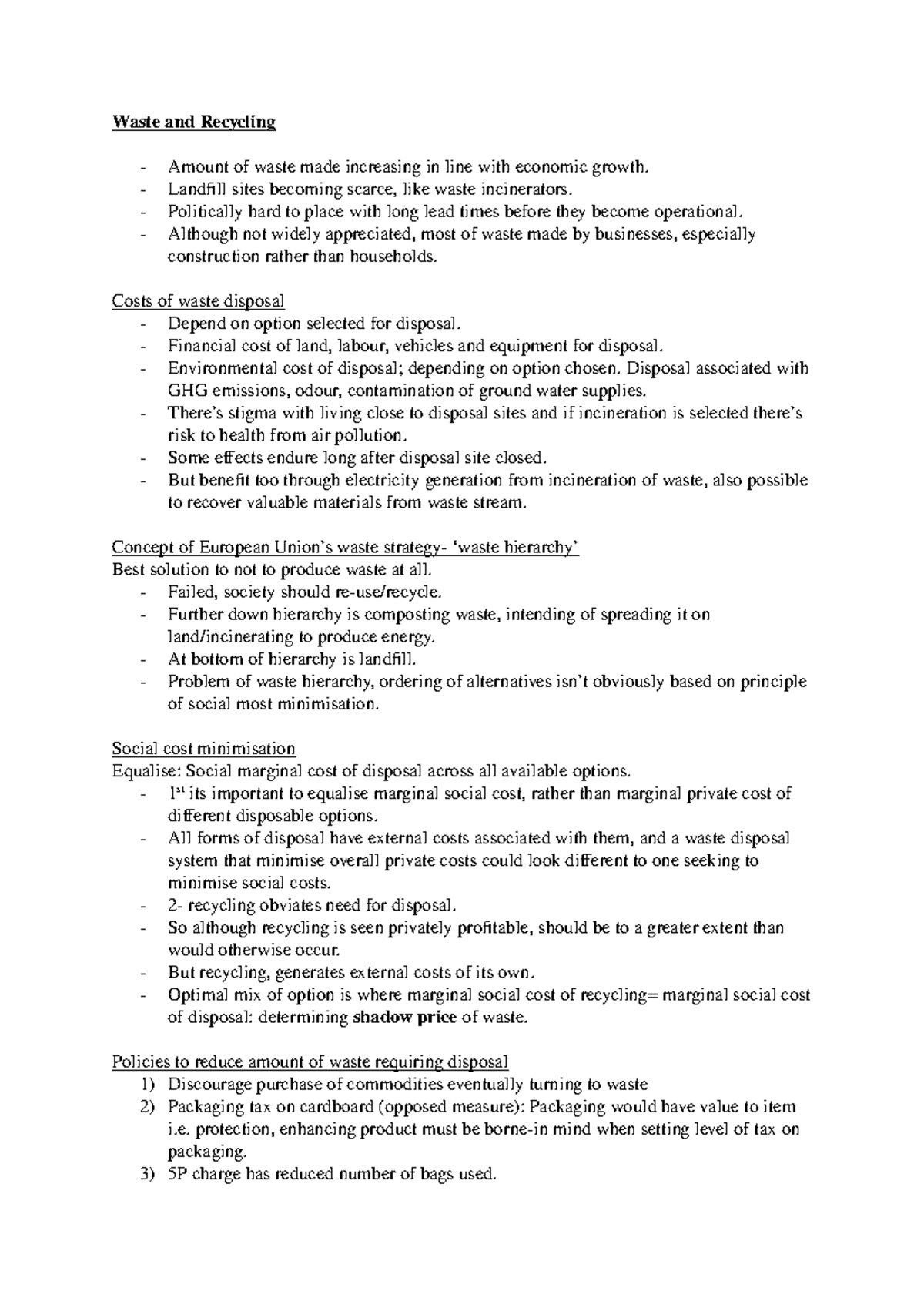 Waste and Recycling - Lecture notes 1 - Waste and Recycling Amount of ...