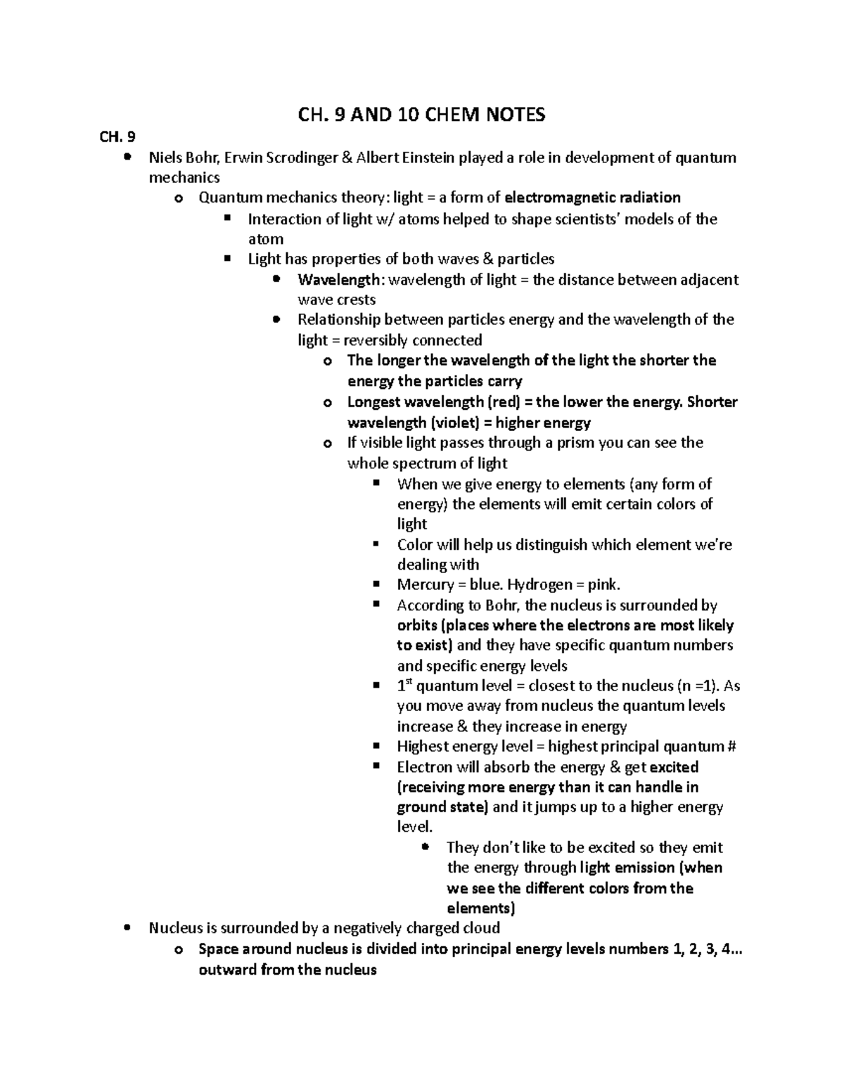 CH 9 and 10 chem notes - CH. 9 AND 10 CHEM NOTES CH. 9 Niels Bohr ...
