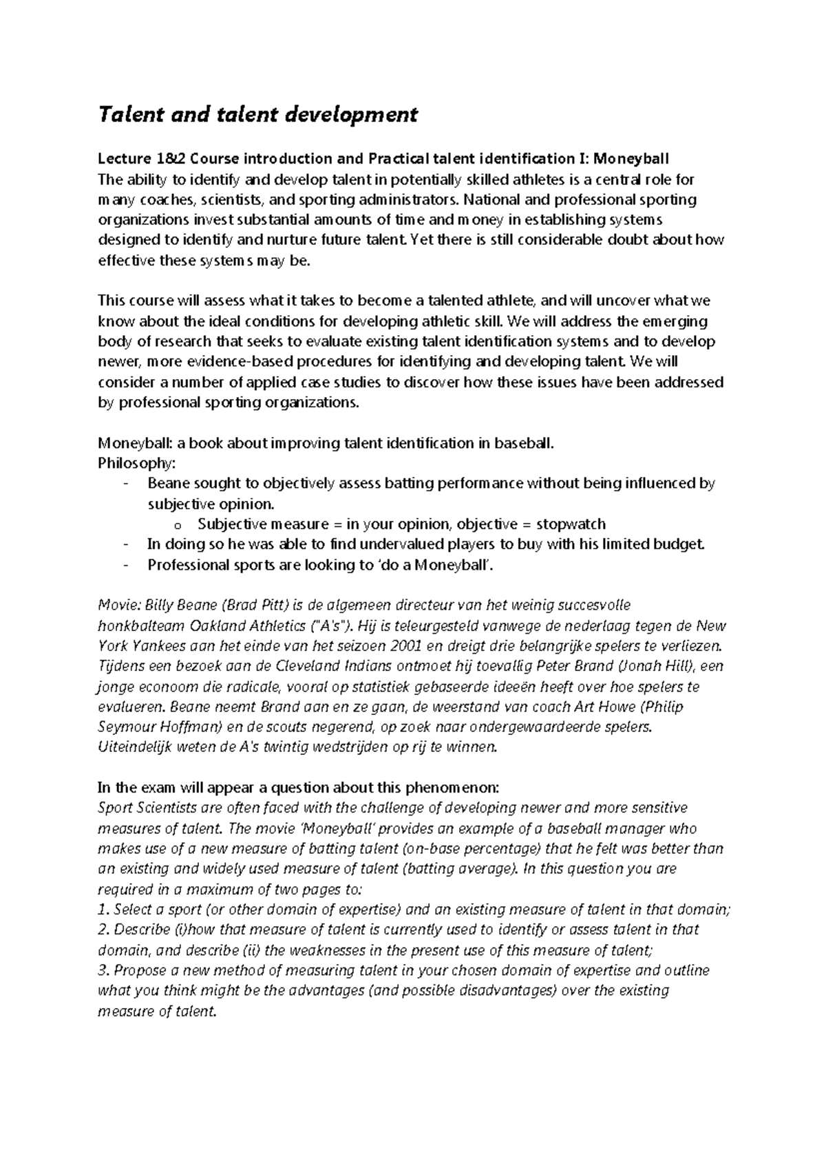 Summary Talent and Talent Development: lectures - Talent and talent development Lecture 1&2 ...