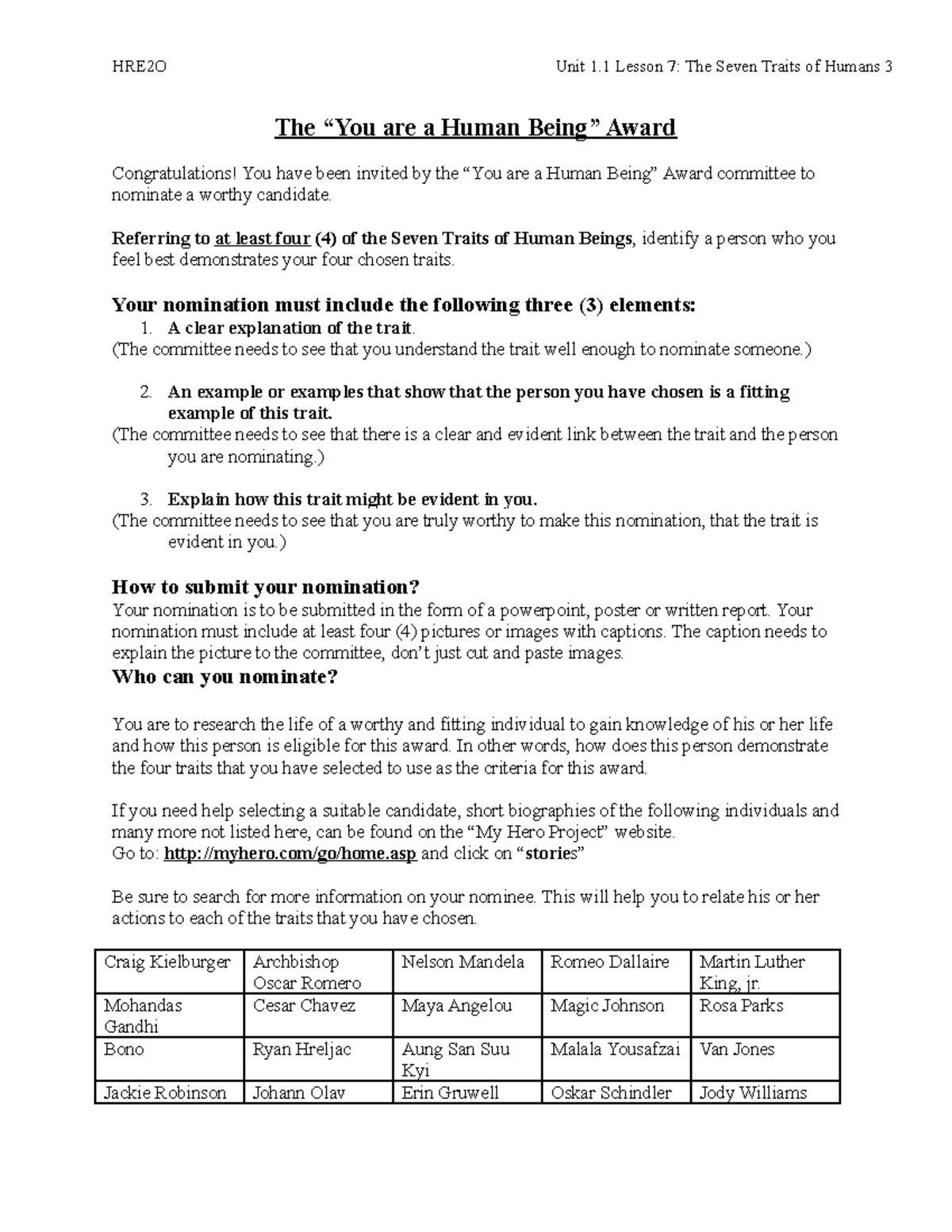 U1L7You Are A Human Being Assignment - HRE2O Unit 1 Lesson 7: The Seven ...