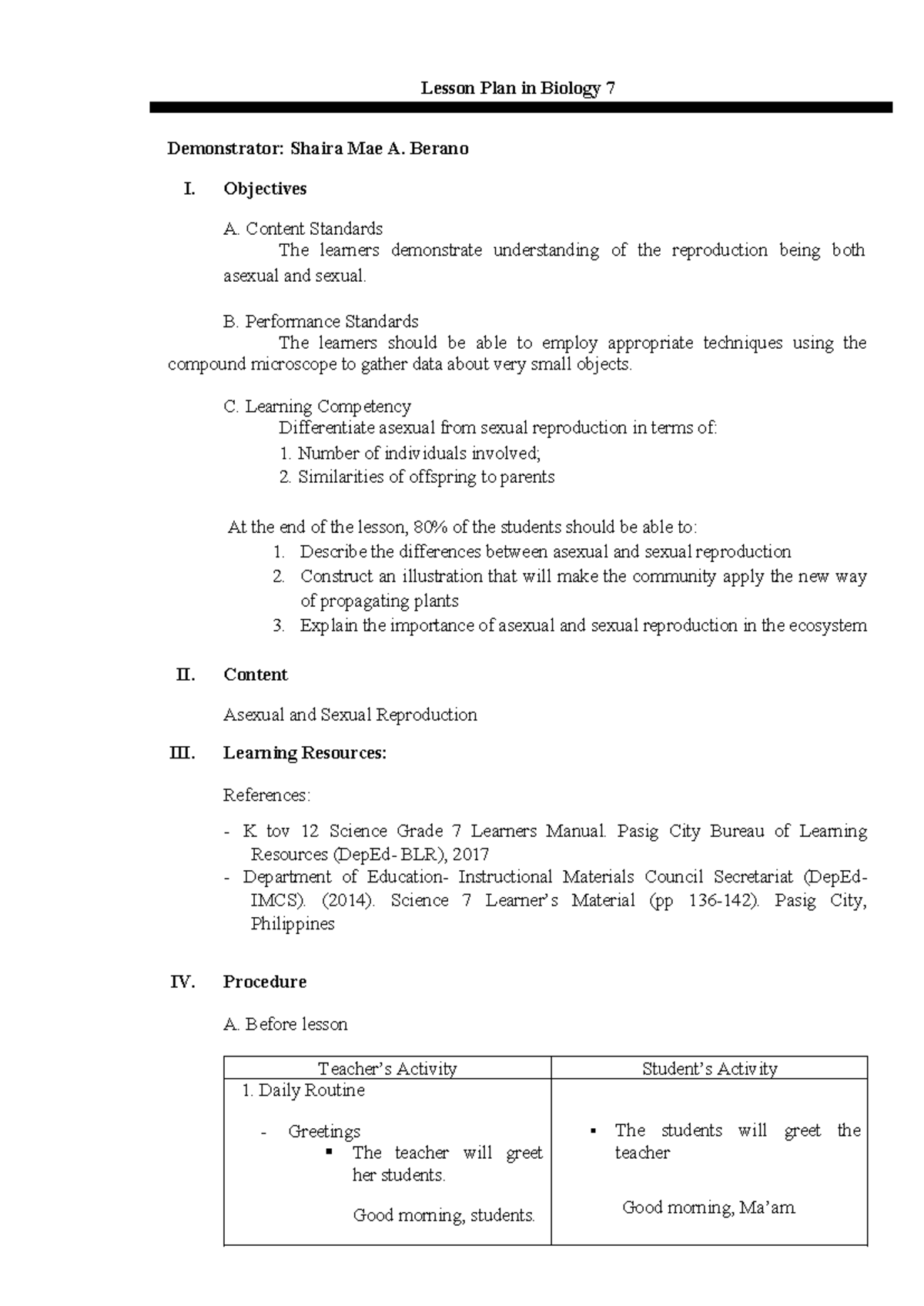 Berano, Shaira Mae A. - Lesson Plan in Biology 7 - Lesson Plan in ...