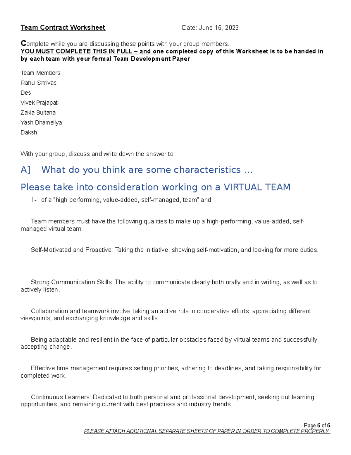 Team Development Worksheet - BUSN 333 - Centennial College - Studocu