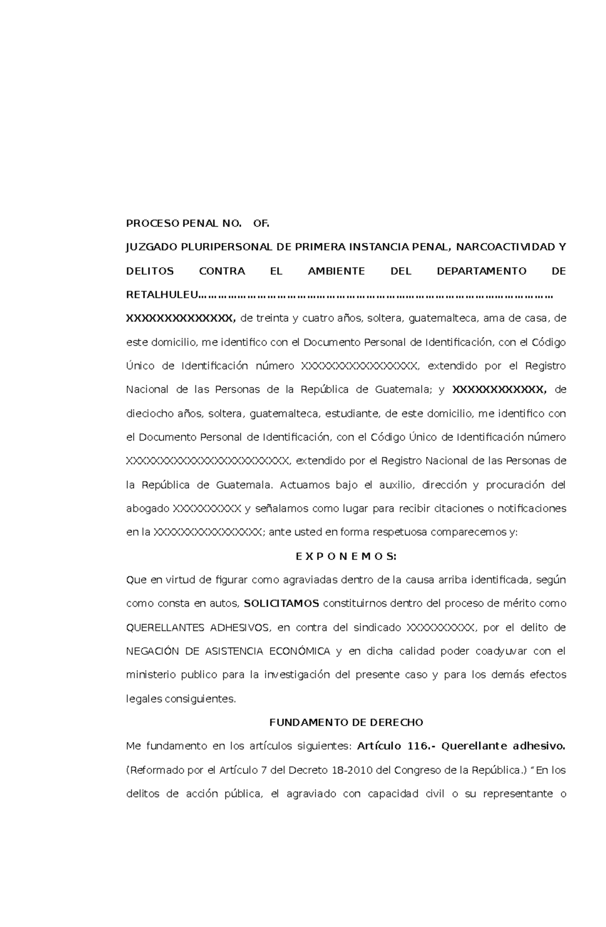 Querellante Adhesivo - PROCESO PENAL NO. OF. JUZGADO PLURIPERSONAL DE ...