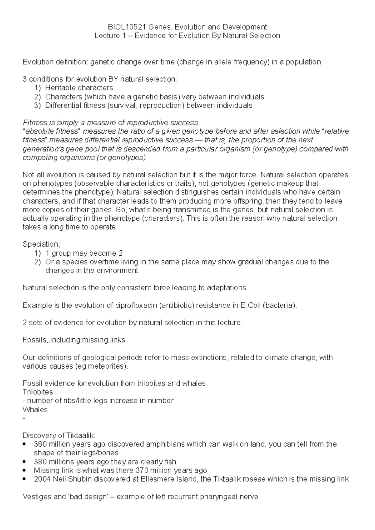 Lec 1 Evidence for evol by nat sel - BIOL10521 Genes, Evolution and ...