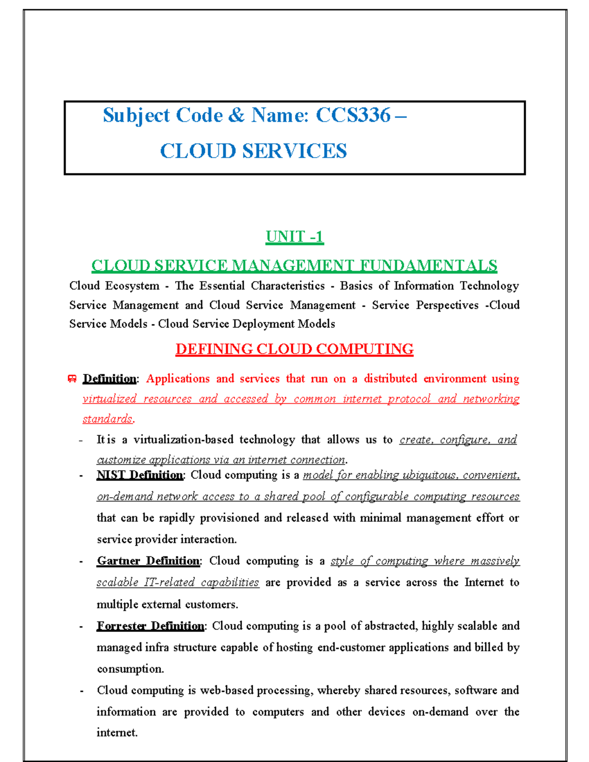 CCS336 Cloud Services Management Lecture Notes - Subject Code & Name ...