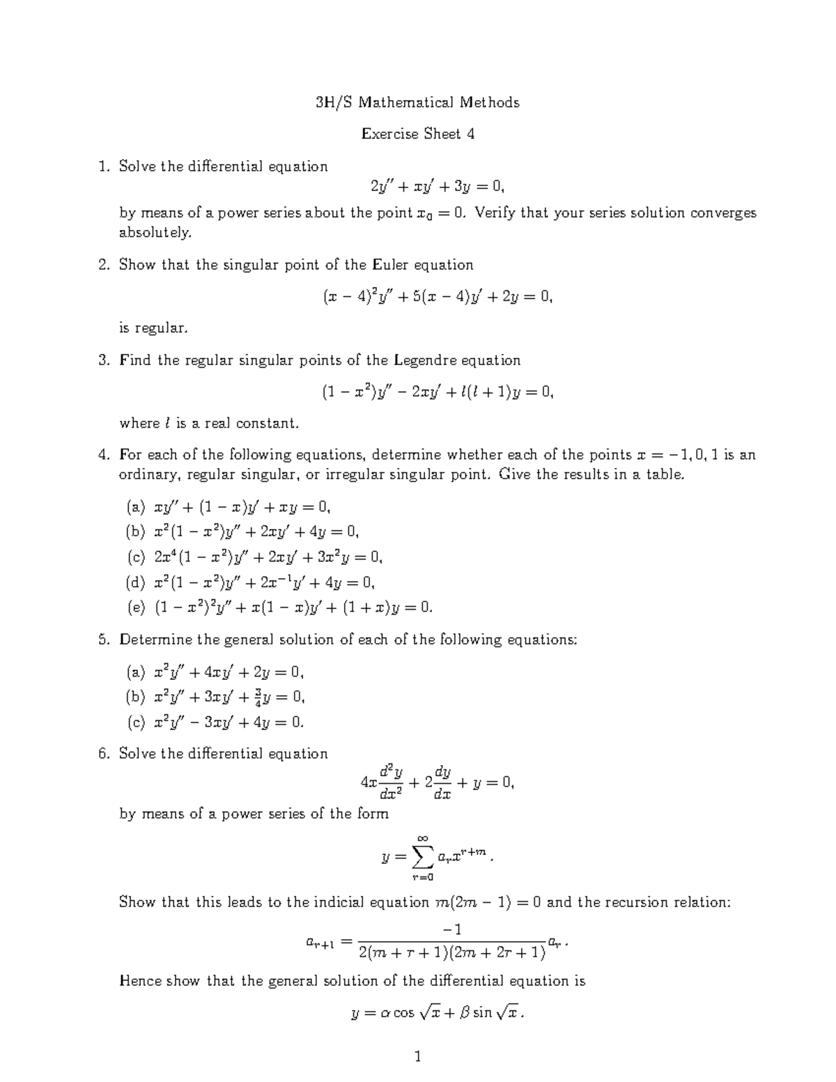 3h Math Meth exsheet 4 - ex sheet 4 - 3H/S Mathematical Methods ...
