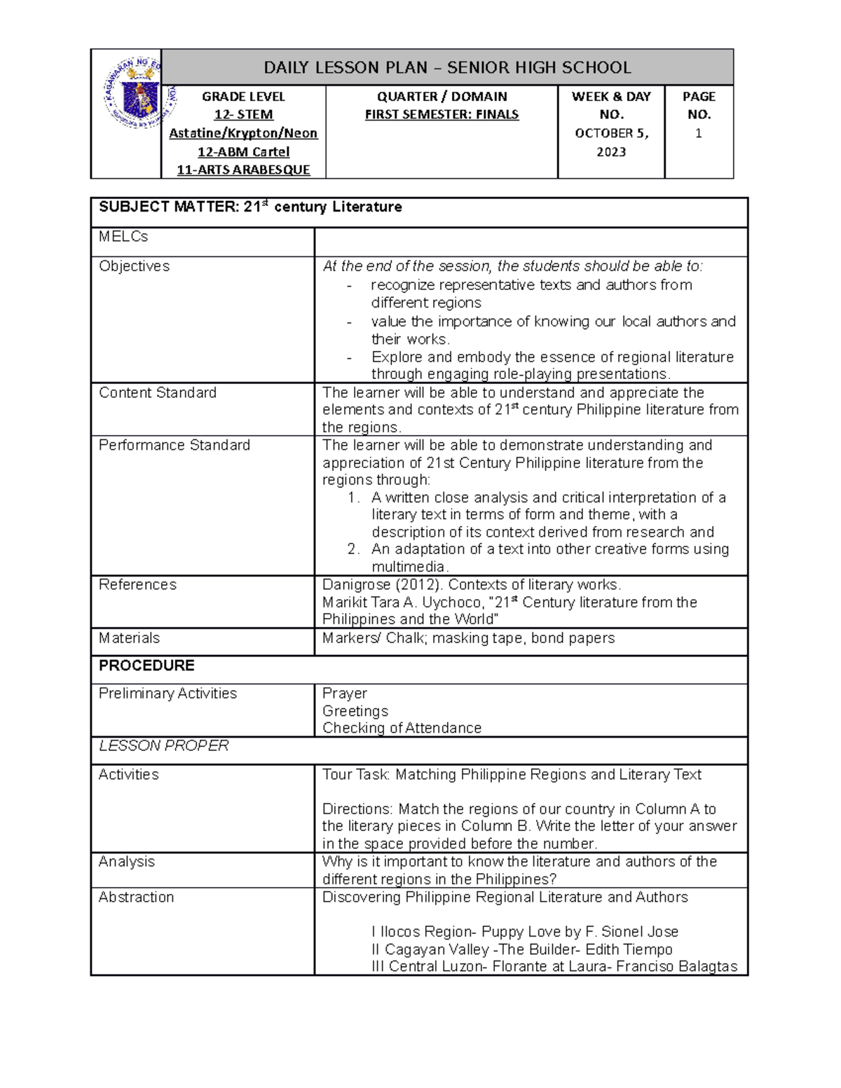 DLP Lesson 3 - DLP regarding Representative texts and Authors - DAILY ...