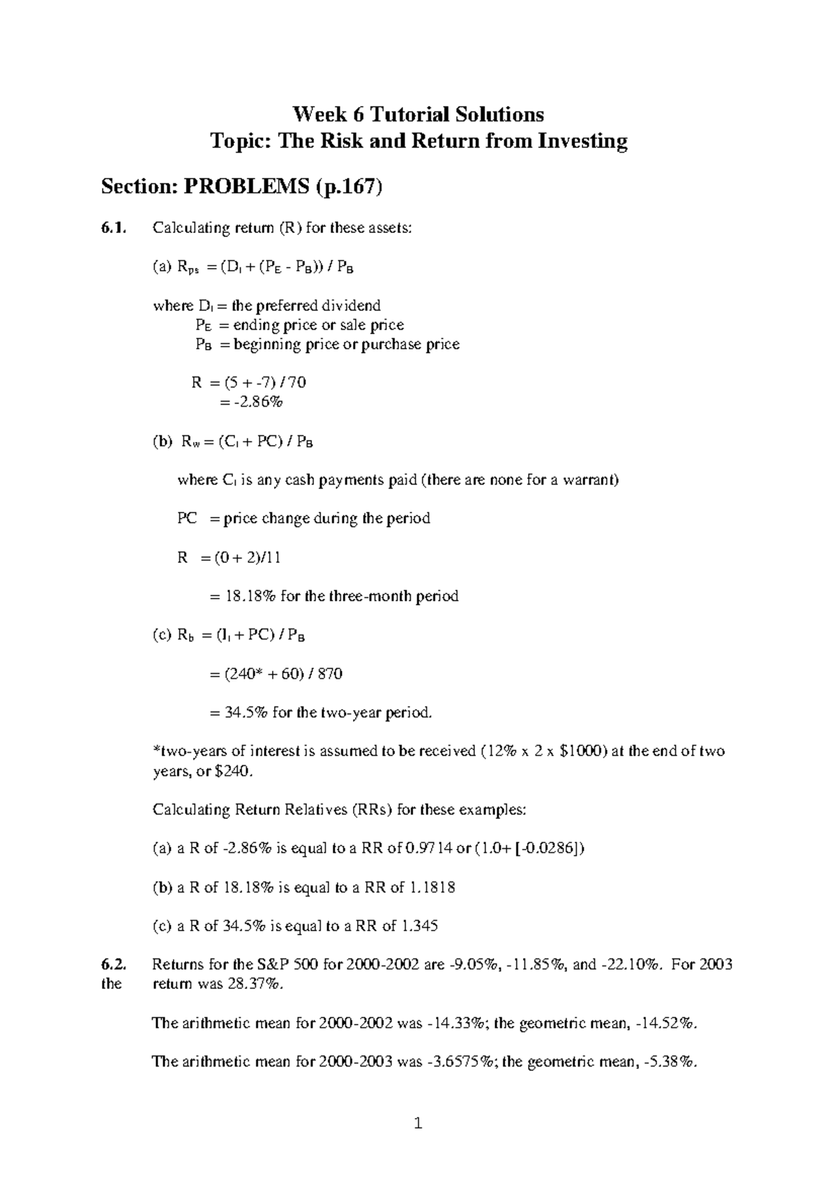 Week 6 Tutorial Solutions Week 6 Tutorial Solutions Topic The Risk And Return From Investing 