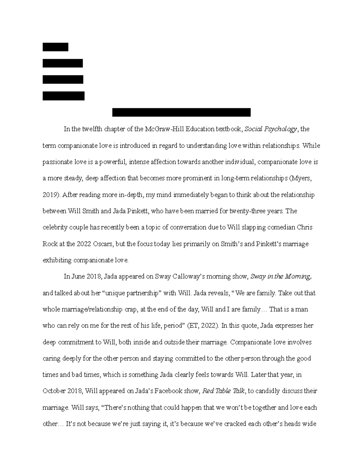 Application to Life Paper: Companionate Love - Nice Try Professor End ...