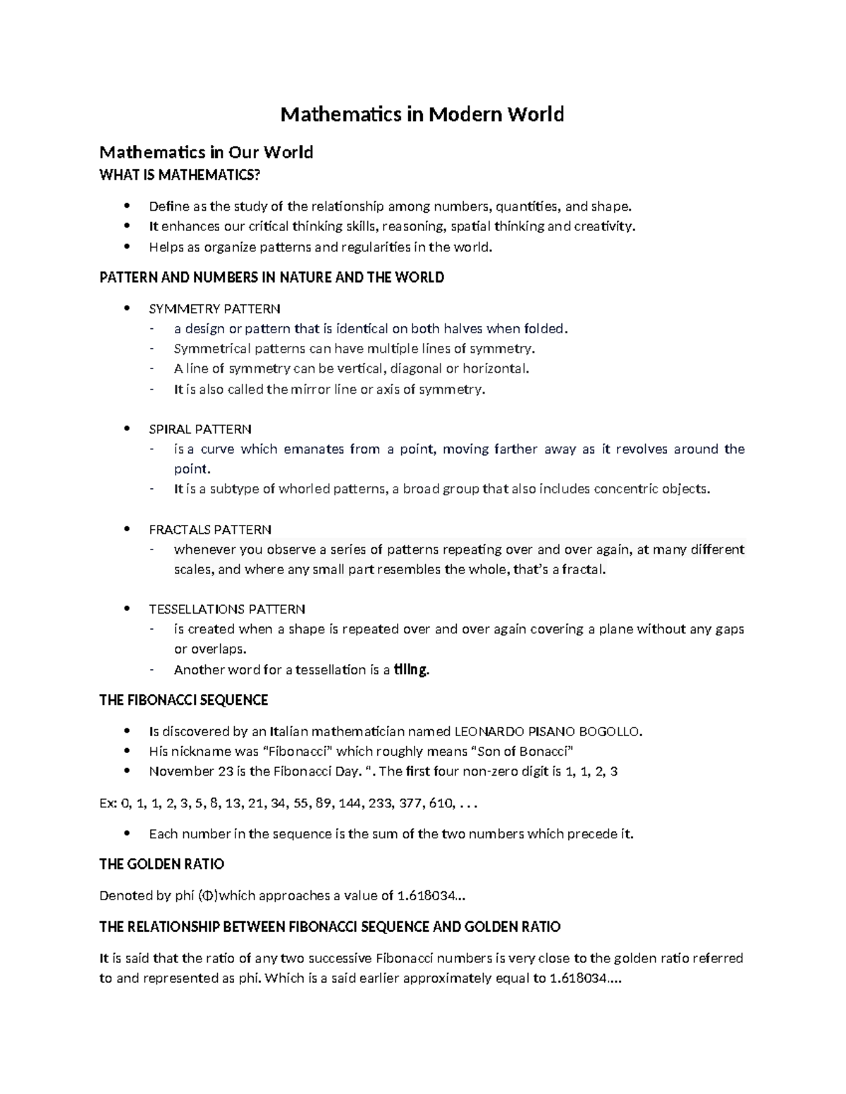 MMW1 - n/a - Mathematics in Modern World Mathematics in Our World WHAT ...