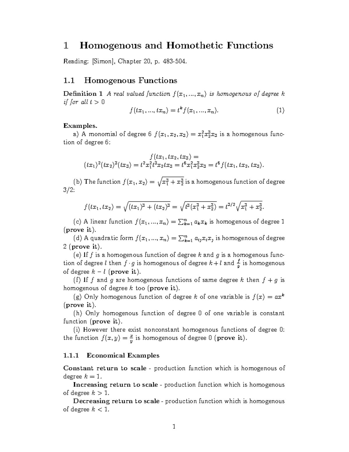 Homothetic Fn-1 - Lecture notes - 1 Homogenous and Homothetic Functions ...