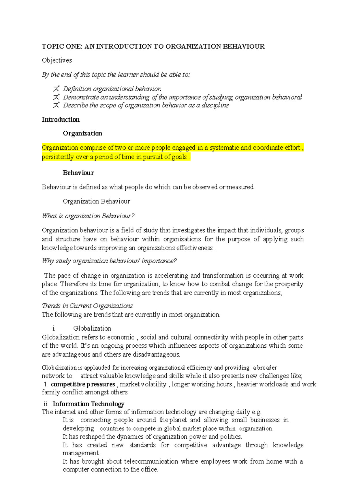 Organizational Behaviour - TOPIC ONE: AN INTRODUCTION TO ORGANIZATION ...