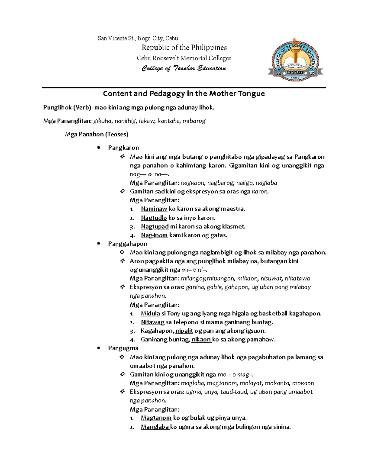 Topics FOR THE Video Lesson - Content and Pedagogy in the Mother Tongue ...