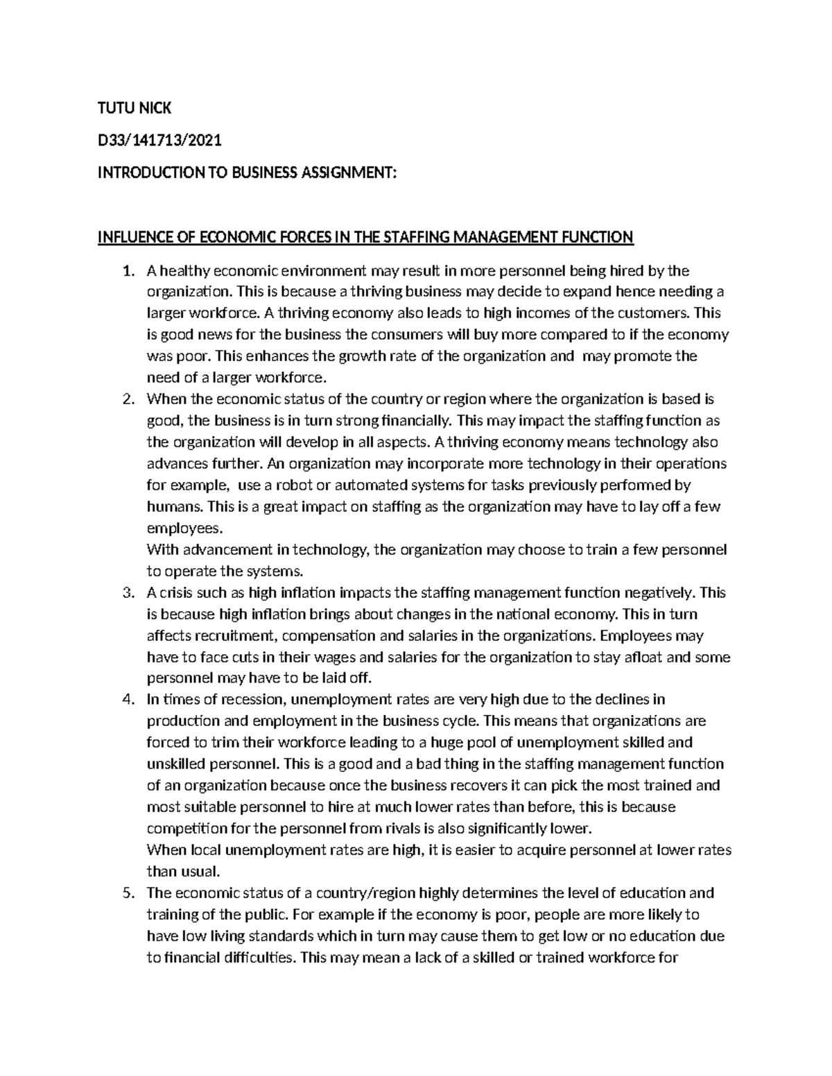 Intro to business - TUTU NICK D33/141713/ INTRODUCTION TO BUSINESS ...