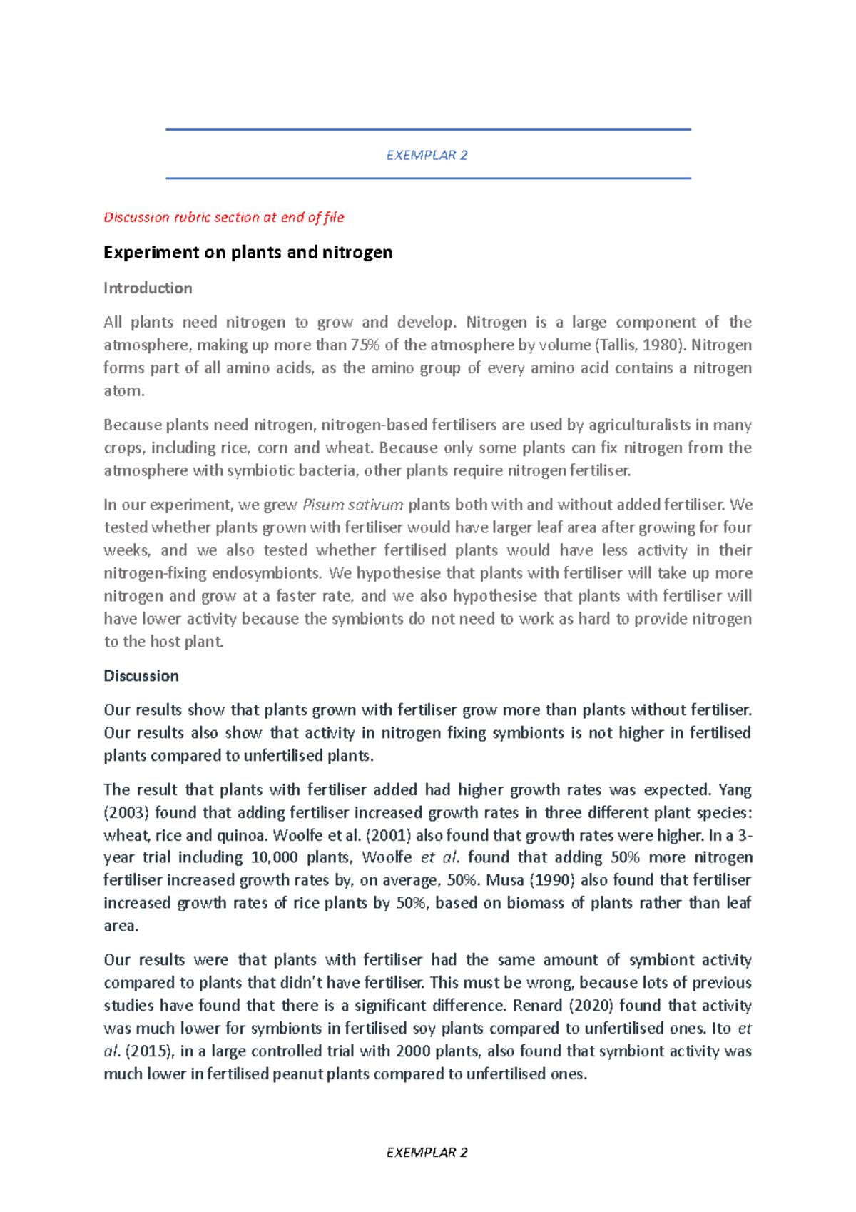 BIOL1X07 Exemplar 2 - Example 2 - EXEMPLAR 2 Discussion rubric section ...